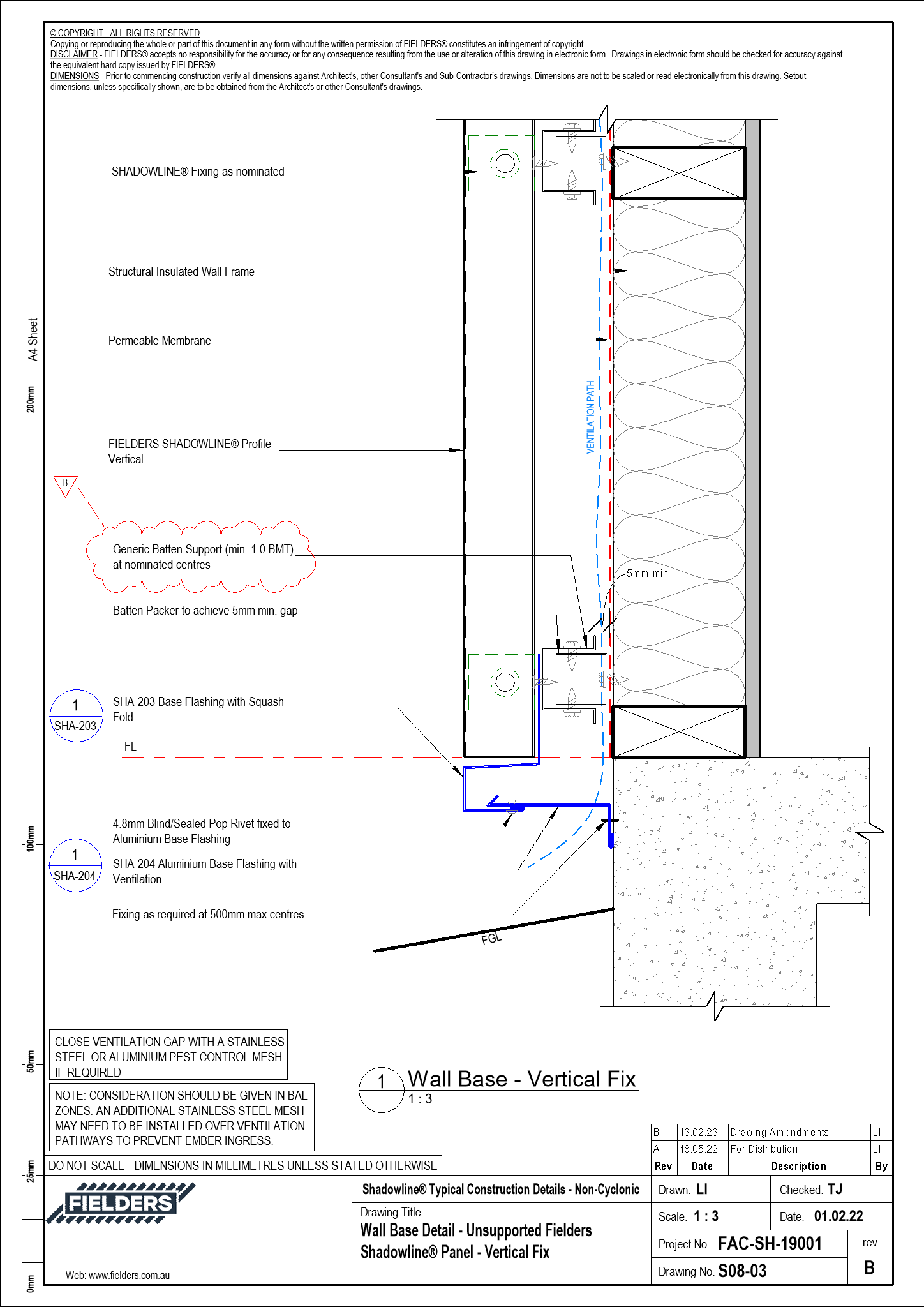 S08-03 - Wall Base Detail - Unsupported Fielders Shadowline® Panel - Vertical Fix - BIMcontent.com